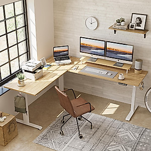 FEZIBO 75 Inches Triple Motor L Shaped Standing Desk Reversible, Electric Height Adjustable Corner Stand up Desk, Sit Stand Desk Computer Workstation, White Frame/Natural Top
