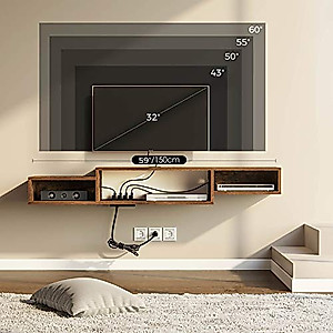 Rolanstar TV Stand with Power Outlet, 59" Floating TV Stand, Wall Mounted Media Console for 43/50 / 55/60 inches TV, Entertainment Storage Shelf for Living Room, Rustic Brown