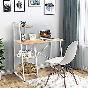 Tangkula Computer Desk with 4 Tier Shelves, Writing Desk Study Desk, Compact Computer Desk Workstation with X-Shaped Metal Frame & Adjustable Foot Pads, Home Office Desk (Natural)