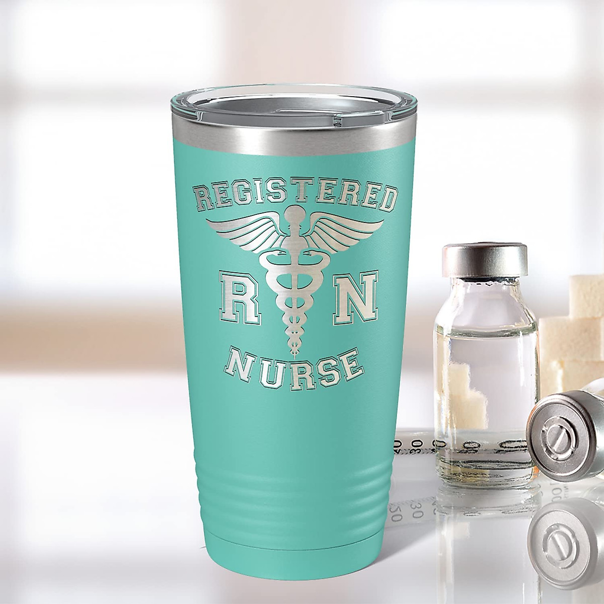 RN Registered Nurse Gift, Nursing School on Seafoam 20 oz Stainless Steel Tumbler with Lid - Insulated Cup - Travel Mug