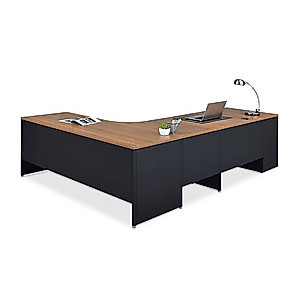 NBF L Shaped Executive Office Desk - Durable Laminate Computer Desk with Three Drawers - Modern Desk with Storage and File Cabinet - 72" Wx 96" D Work Desk for Working Home (Gray, Maple)