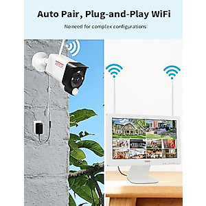 [2K&2 Way Audio&Dual WiFi] Tonton Wireless All-in-One Ultra HD Security Camera System with 16 Inch 5MP Monitor,10CH NVR with 1TB HDD,4PCS 3MP Outdoor Bullet IP Floodlight Cameras with PIR,Plug & Play