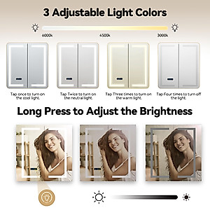 Bathlink Medicine Cabinet with Lights, Lighted Bathroom Medicine Cabinet with Mirror, 24"×26"×5", Built-in Outlet, Temperature&Time Display, Recessed&Surface Mount, Defog