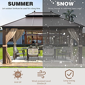 EROMMY 10' x 13' Hardtop Gazebo Double Roof Galvanized Steel Canopy Outdoor Aluminum Frame Permanent Metal Pavilion with Netting and Curtains for Patio Backyard Deck and Lawns