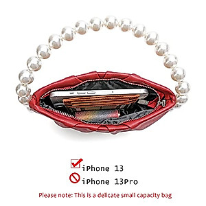 Pearl Soft Face Pleated Handbag Advanced Evening Bag Party Prom Bride Purse Phone Clutch Purse (Red)