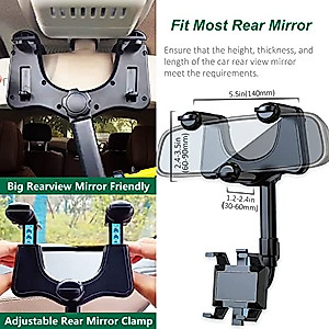 PKYAA Rearview Mirror Phone Holder for Car, 360° Rotating Rear View Mirror Phone Mount with Adjustable Arm Length, Multifunctional Phone and GPS Holder Universal Car Phone Holder for All Smartphones