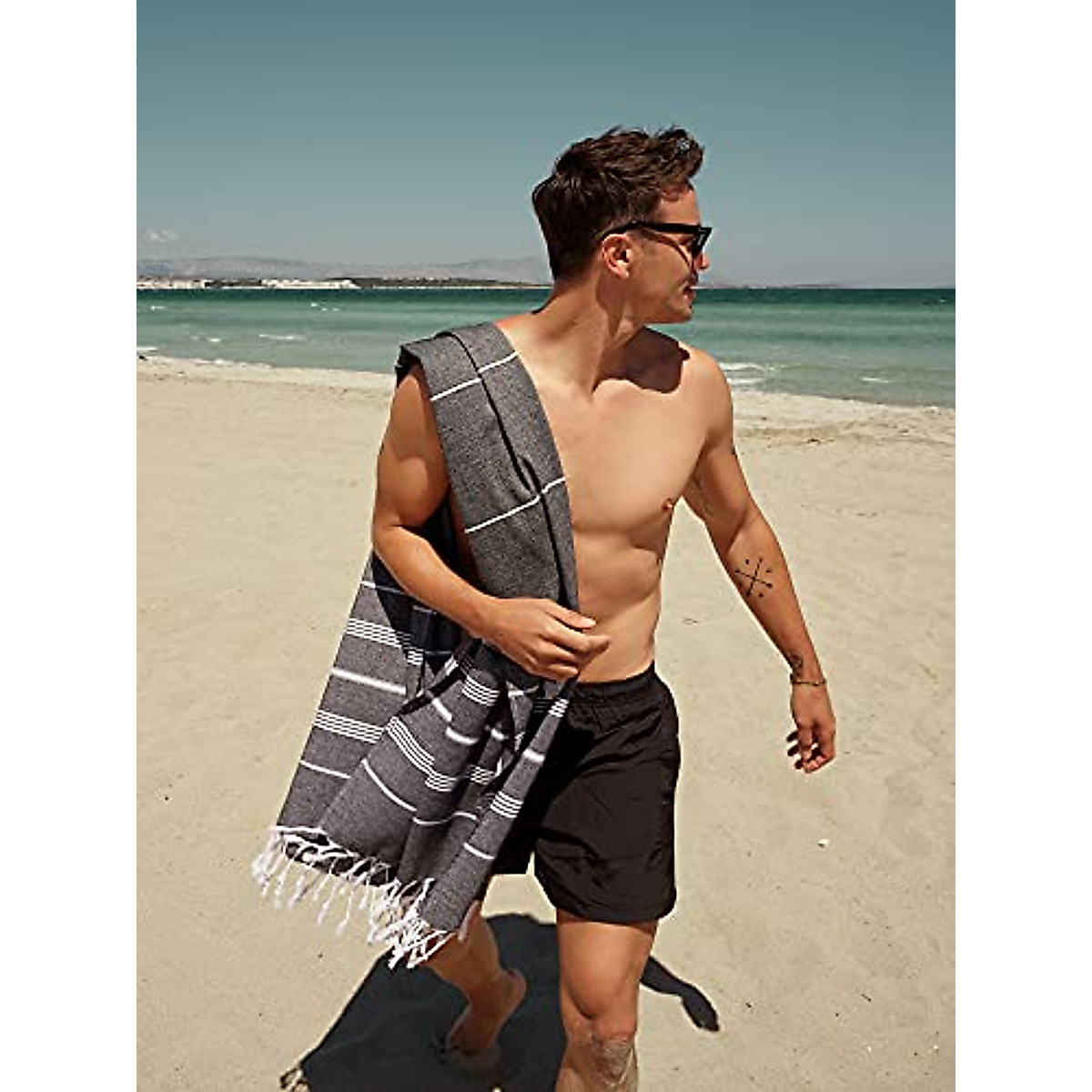 SMYRNA TURKISH COTTON Classical Series Beach Towel | 71 x 37 in 100% Cotton | Extra Large Wearable Turkish Bath Towel | Made in Turkey | No Shrink | Premium Luxury Striped Linen - Black