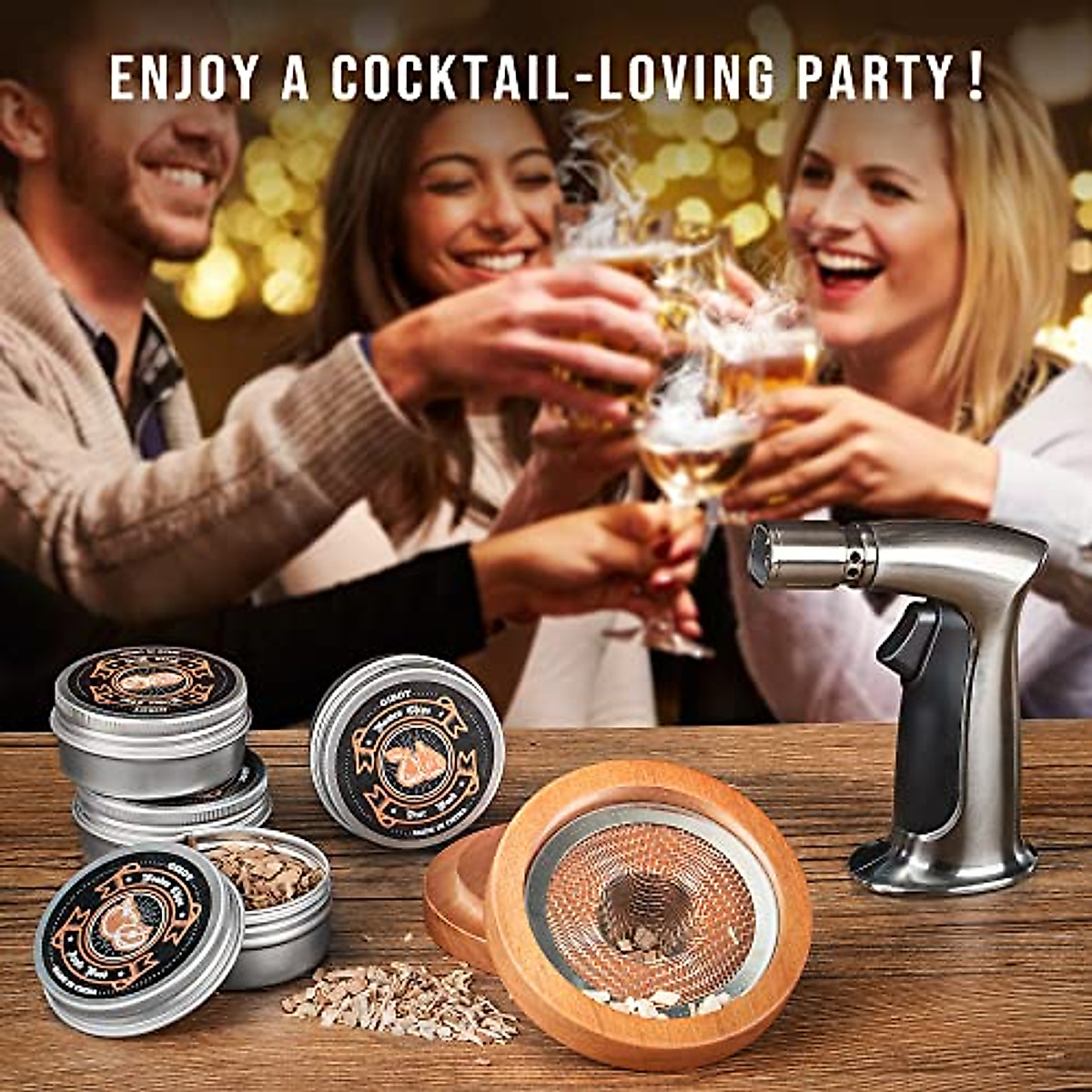 Whiskey Smoker Kit with Torch,Cocktail Smoker,Bourbon Smoker Kit, Old Fashioned Smoker Infuser Kit with 6 Flavour Wood Chips, Drink Smoker Kit, Gifts for Friends, Dad, Bar Whiskey Lovers(No Butane)