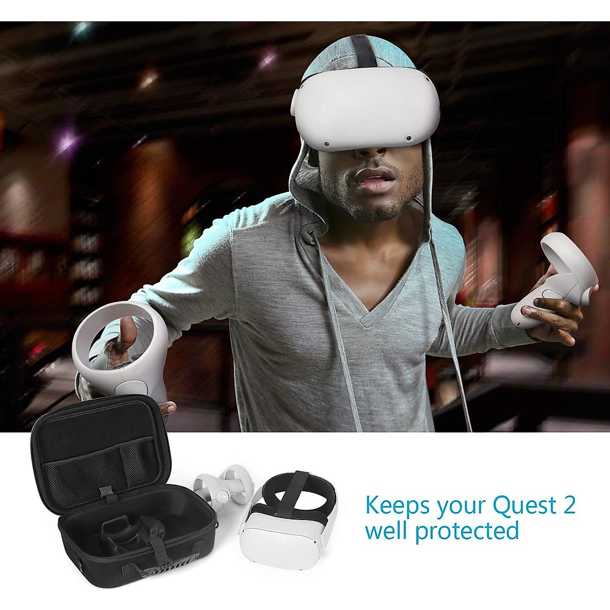 JSVER Carrying Case For Meta Quest 2 VR Headset, Controllers, Battery and Elite Strap, Hard Travel Case for Meta/Oculus Quest 2, includes Shoulder Strap, Silicone VR Face Mask, Lens Dustproof Cover