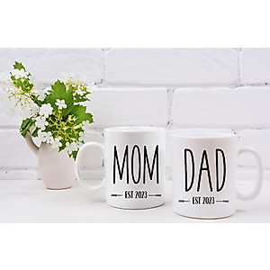 Pregnancy Gift Est 2023 - New Mom and Dad Est 2023 11 oz Mug Set with "Let The Adventure Begin" Romper (0-3 Months) - Top Mom and Dad Gift Set for New and Expecting Parents to Be - Baby Shower