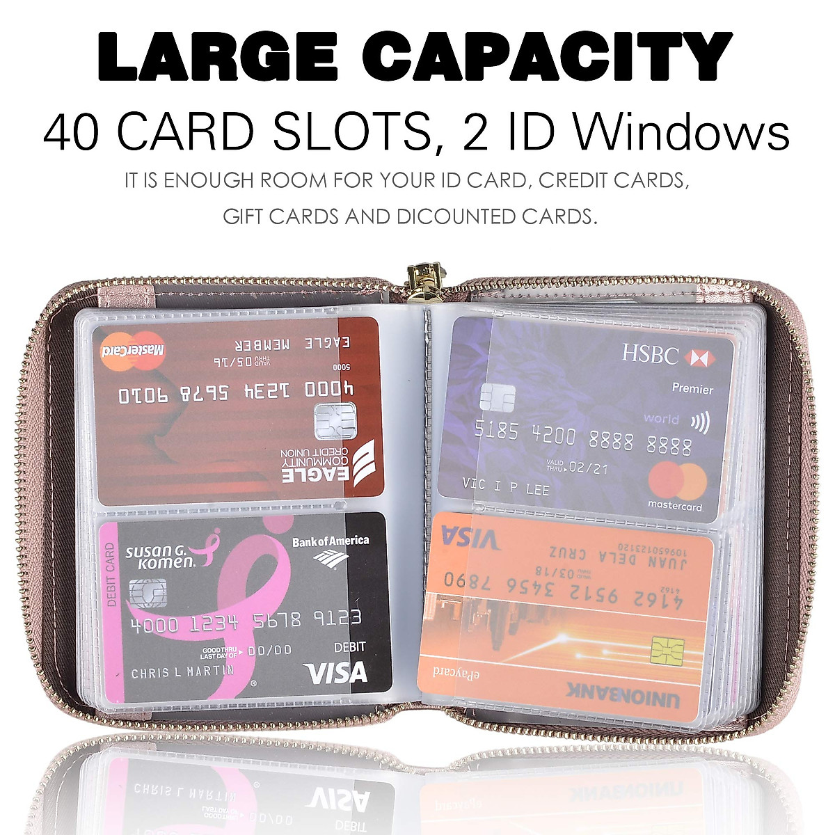 Easyoulife Womens Credit Card Holder Wallet Zip Leather Card Case RFID Blocking (Rose Gold)