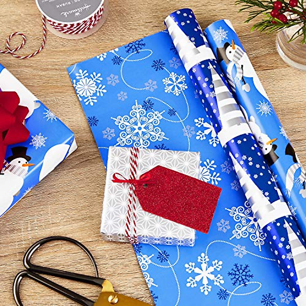 Hallmark Holiday Reversible Wrapping Paper Bundle, Blue and Silver (Pack of 2, 60 sq. ft. ttl) Snowmen, Snowflakes, Christmas Trees