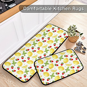 Strawberry Lemon Mint Kitchen Mats and Rugs, Summer Kitchen Floor Runner Bathroom Carpet Doormat Washable Rug 19.7x27.6 Inch + 19.7x47.2 Inch Perfect for Living Room Bedroom Entryway