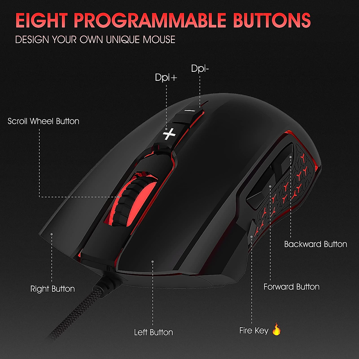 LeadsaiL Gaming Mouse Wired RGB PC Gaming Mice, 7200 DPI, 8 Programmable Buttons, 6 Color Backlight, Ergonomic Optical Computer Mouse for Desktop PC Laptop Gamer & Work