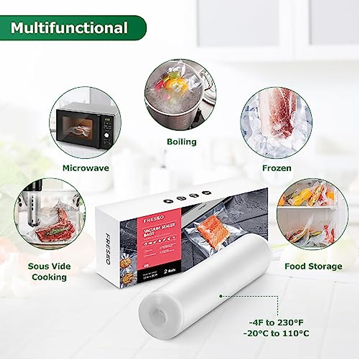 FRESKO Vacuum Sealer Bags Rolls 2 Packs 11" x 20', Commercial Grade Seal a Meal Bags for Storage Food and Sous Vide, BPA Free, Heavy Duty Customized Size Freezer Bags for Vacuum Sealer