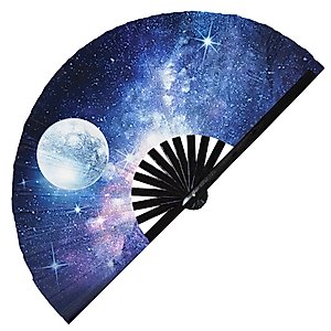 Moon hand fan foldable bamboo circuit rave hand fans Full Moon Phases Trippy Galaxy Fan outfit party gear gifts music festival rave accessories (Style 1)
