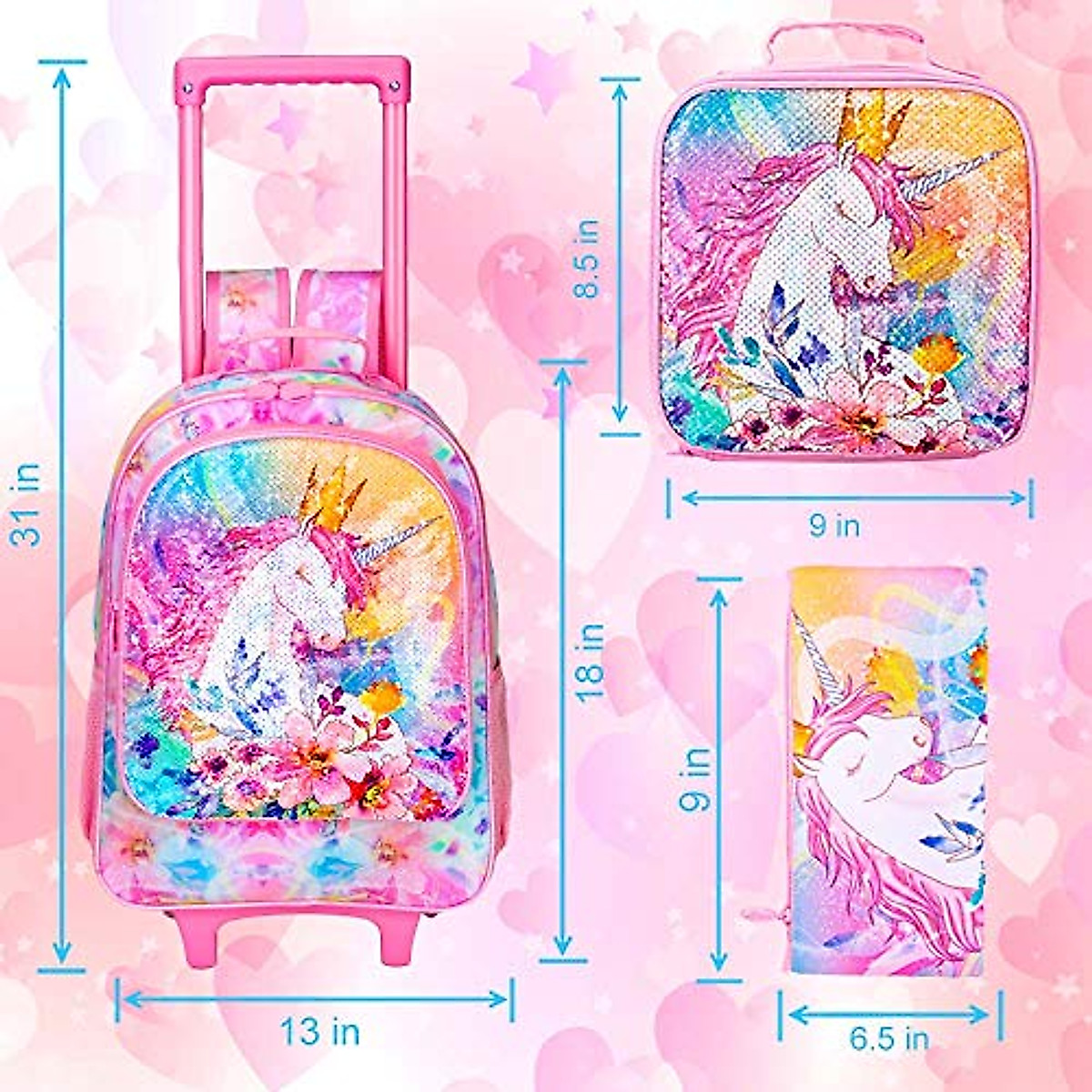 CCJPX 4PCS Kids Rolling Backpack for Girls, Unicorn Sequin Roller Wheeled Bookbag Toddler Elementary School Bag with Wheels One Size