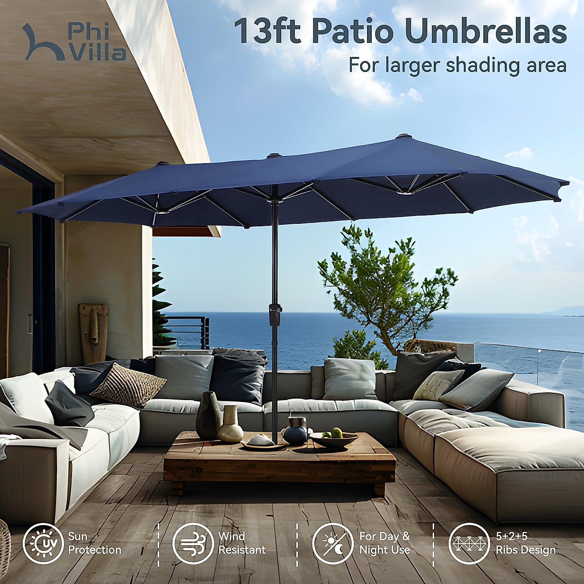 PHI VILLA 8 Piece Patio Dining Set with 13ft Patio Umbrella (Navy Blue), 6 Outdoor Swivel Dining Chairs & 1 Large Metal Dining Table with 1.57" Umbrella Hole, for Lawn Garden Backyard