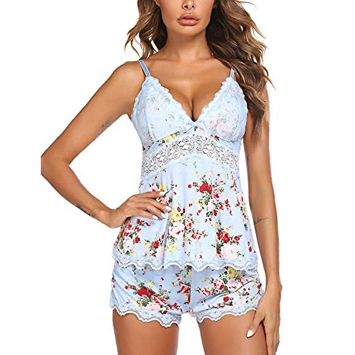 Avidlove Womens Sexy Pajama Sets Modal Sleepwear Cami Shorts Set Sexy Lace Strim Pj Sleepwear Set Floral Print