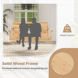 Giantex Outdoor Hanging Porch Swing - 2-Seat Wood Swing Bench with Folding Cup Holder and Sturdy Metal Hanging Chains, Outside Patio Swing Chair for Garden, Backyard, Poolside, Natural