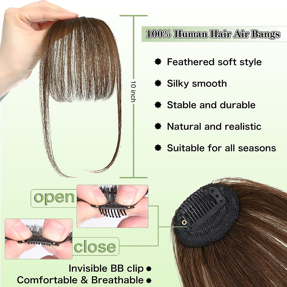 100% Human Hair Bangs Clip in Hair Extensions, Medium Brown Clip on Bangs Wispy Bangs Fringe with Temples Hairpieces for Women Curved Bangs for Daily Wear