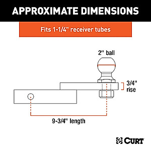 CURT 45147 Trailer Hitch Mount, 2-Inch Ball, Pin, Fits 1-1/4-In Receiver, 3,500 lbs, 3/4" Rise , Black