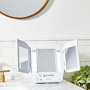 JERDON Tri-Fold Two-Sided Makeup Mirror with LED Lights - Vanity Mirror with 5X-1X Magnification & Multiple Light Settings - White - Model JGL12W