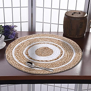 100% Jute Area Rug Approx 3 Feet - Braided Design Hand Woven Natural White Rings Carpet - Home Decor for Living Room Hallways - Round Natural Fibers 36" inch