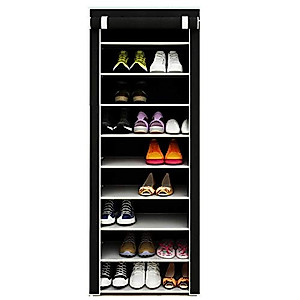 SoSo-BanTian1989 Black 10 Tiers Metal Tube Frame Shoe Rack with Dustproof Cover, 27 Pairs Shoes Cabinet Closet Storage Organizer Tower Shelf