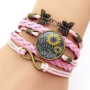 MISSLATE 4pcs Sunflower Leather Bracelets for Womens Present You Are My Sunshine Bracelets for Teen Girls Mom Birthday Gifts (Multicolor)