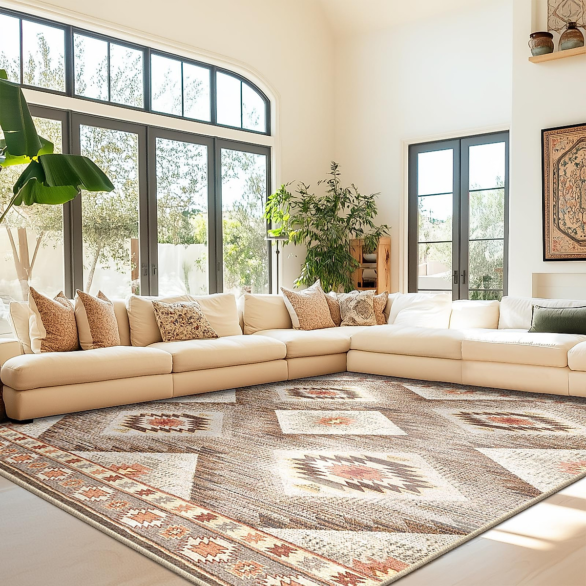 BESTSWEETIE 8x10 Area Rugs, Washable 8x10 Rug, Non Slip Floor Carpet, Low Pile Water Repellent, Ultra Soft Moroccan Rugs for Living Room Bedroom Indoor-Cream/Camel