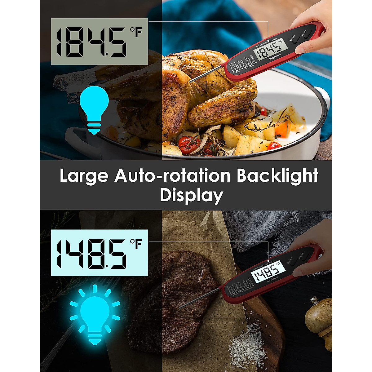 hoyiours Digital Meat Thermometer, Waterproof Instant Read Food Thermometer for Cooking with Foldable Probe, Backlight and Magnet, Kitchen Thermometer for BBQ, Roast Turkey, Grill, Baking