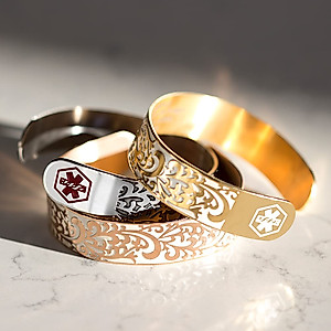 Lauren's Hope Custom Engraved Medical ID Cuff Bracelets for Women, Rose Gold, Silver and Gold (Gold Tone)