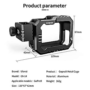 Vlog Housing Cage for Gopro 9/10/11, ULANZI G9-14 Upraged Aluminum Video Case Metal Frame, Cold Shoe Mount for Mic Light, Detachable Audio Adapter Vlogger Accessory for Gopro Hero 9/10/11 Black