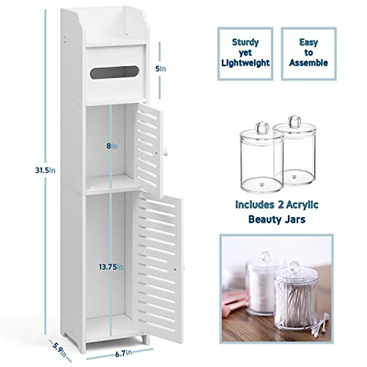 MEZHI Bathroom Storage Cabinet Floor Standing Toilet Paper Organizer Shelves with Door (White)