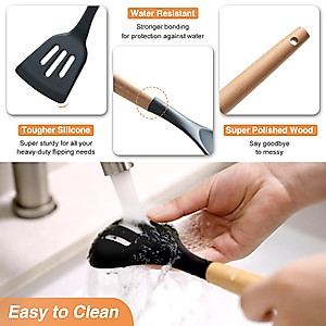 40 Pcs Cooking Utensils Set with Apron Silicone Turner Tong Spatula Spoon Kitchenware Organizer, BPA Free, Non-stick Heat Resistant Kitchen Gadgets Cookware with Natural Wooden Handle, Black