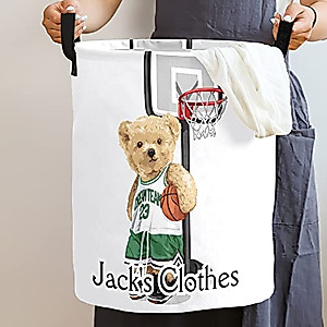 Grandkli Basketball Teddy Bear Personalized Freestanding Laundry Hamper, Custom Waterproof Collapsible Drawstring Basket Storage Bins with Handle for Clothes, Toy, 50cm x 36cm
