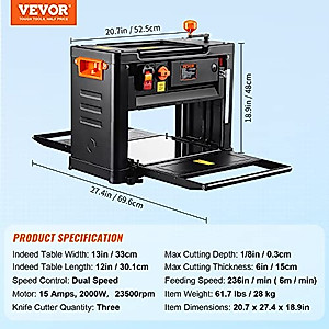 VEVOR Power Benchtop Planers, Three-Blade, Two Speed, 13" Width Worktable Thickness Planer with Extended Infeeding Table, Low Noise for both hard & soft wood material removal