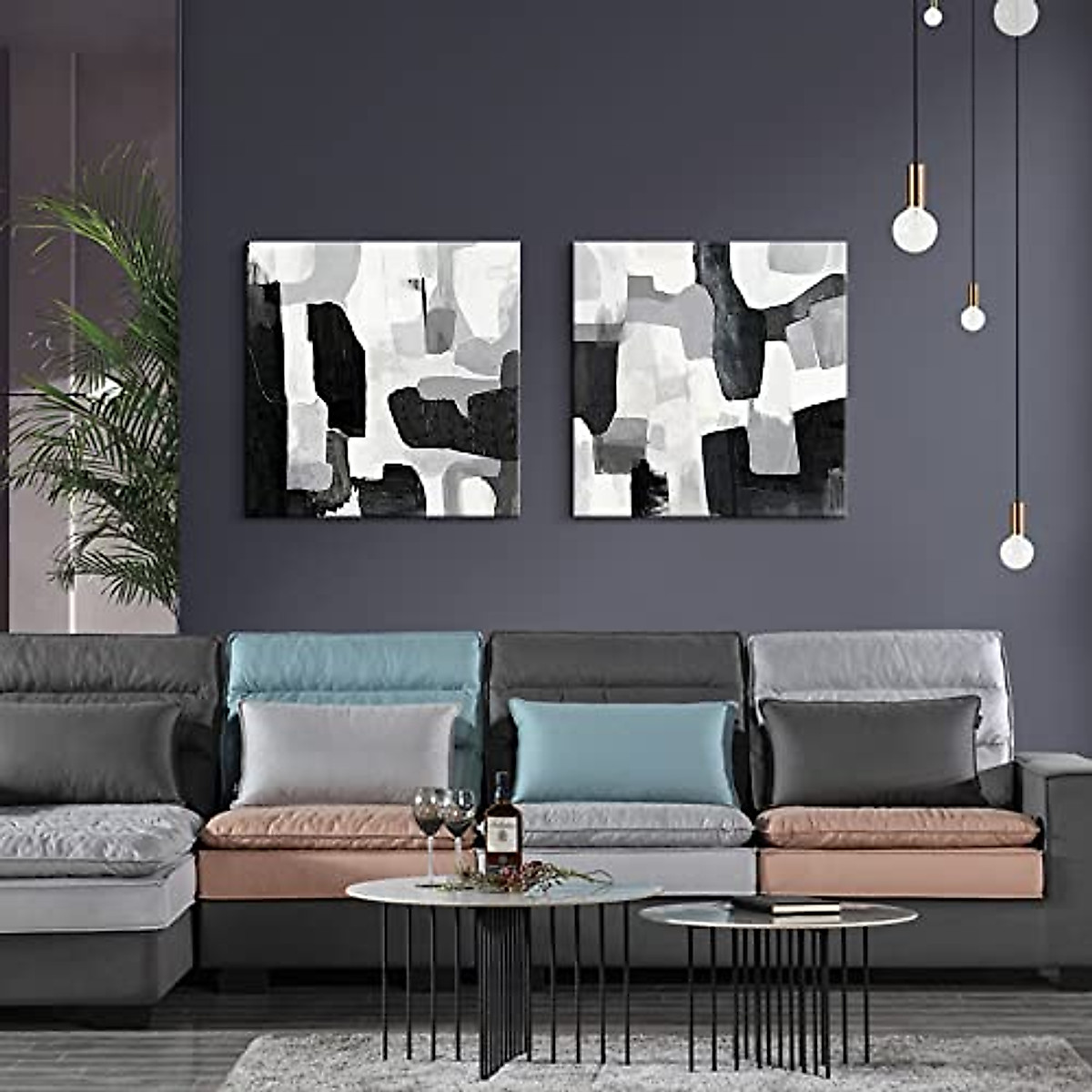 Pigort Black and White Abstract Hand-Painted Wall Art Decor - 2 Piece Set, Grey Decorative Framed Black & White Abstract Canvas Art for Living Room, Bedroom, Office Home Decor & Gift 24x24Inch