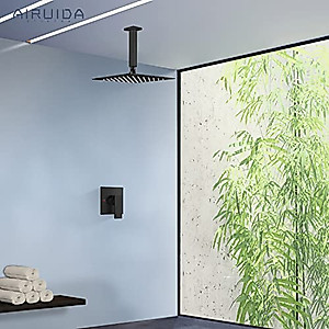 Airuida Matte Black Shower Faucet Set 12 Inch Square Shower Head and Handle Set Single Function Shower Trim Kit Ceiling Mount Bathroom with Male Threads and Rough-in Valve