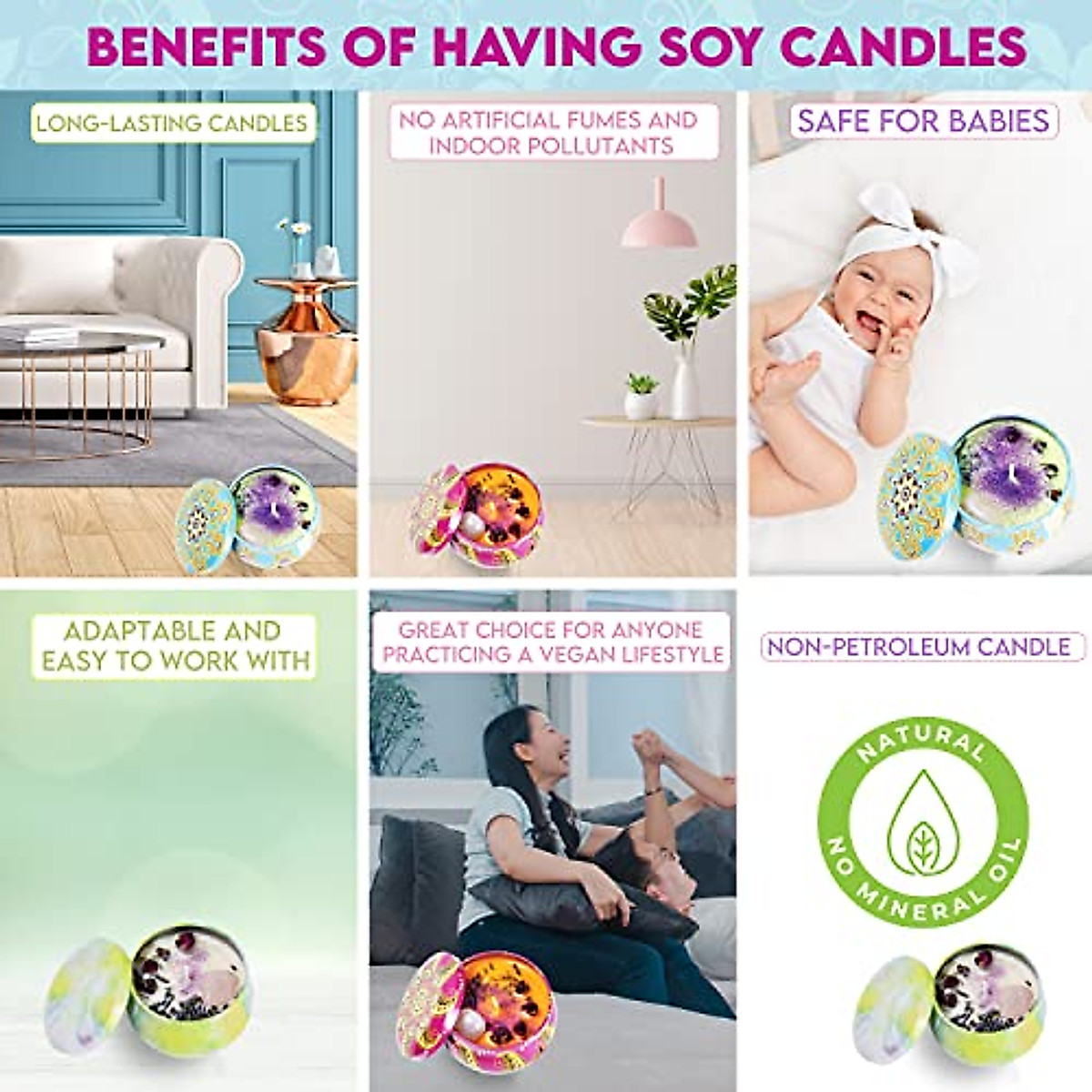 Pack of 4 beautiful rose quartz crystal infused scented soy candles with wooden and marble holders | Birthday gift set for women | aromatherapy and medidation candles