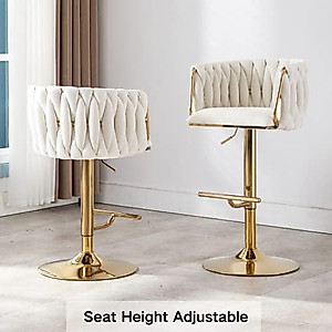 LukeAlon Velvet Swivel Bar Stools, Modern Height Adjustable Counter Height Bar Chair with Golden Base Weaved Backrest Barstool with Footrest for Home Bar Kitchen, White