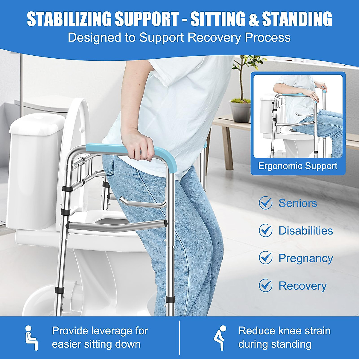 UGarden Upgraded Toilet Safety Rail, 380LB Stainless Steel Toilet Frame with Non-Slip Handles & Paper Holder, Adjustable Detachable Handicap Toilet Rails, Foldable Toilet Support Frame for Elderly