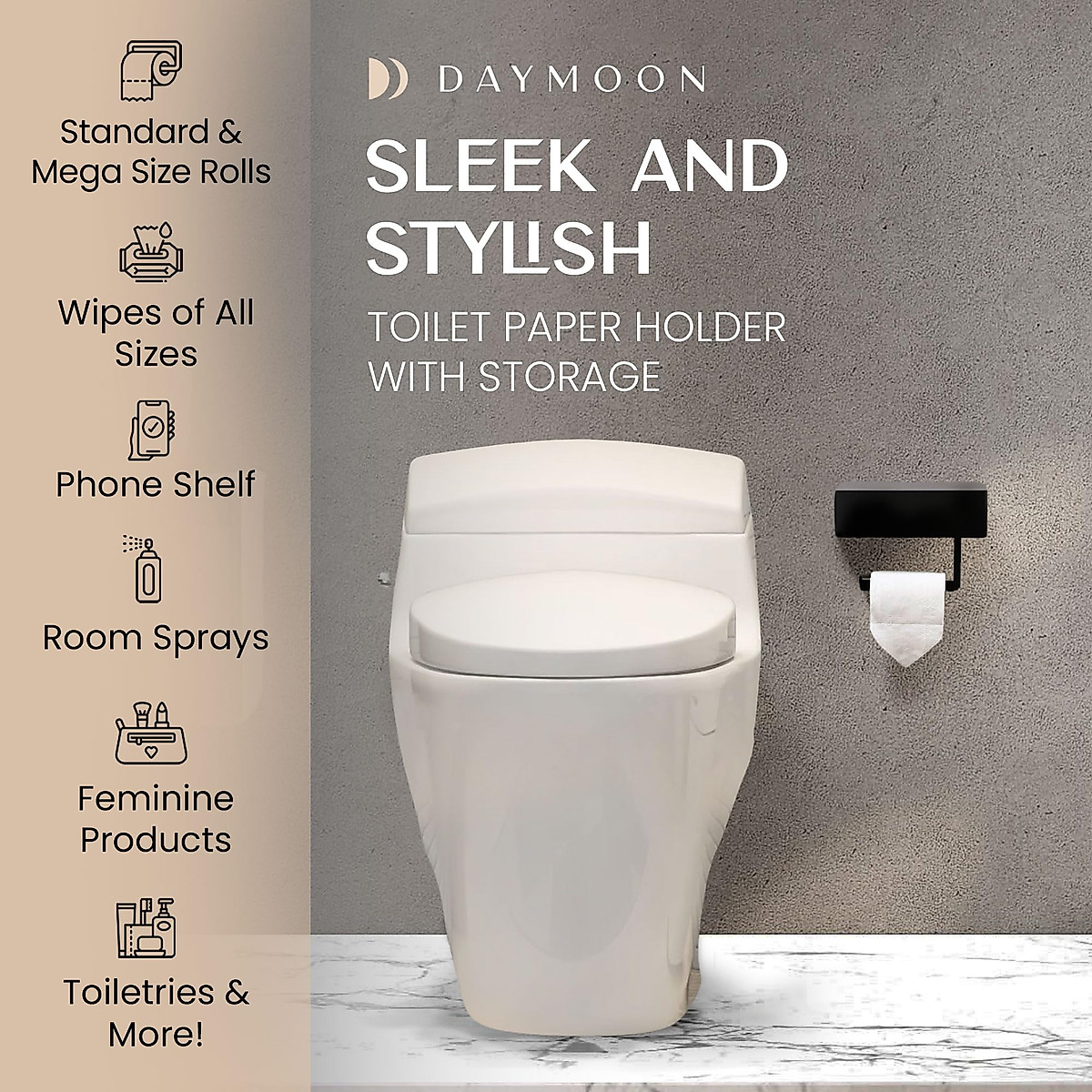 Day Moon™ Matte Black Toilet Paper Holder with Shelf, Wipe Holder for Bathroom Flushable Wipes Dispenser Toilet Paper and Wipes Holder Toilet Paper Holder with Storage, Toilet Paper Holder Wall Mount
