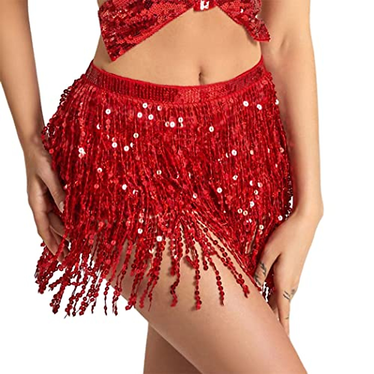 Victray Women Sparkle Sequin Skirt Belly Dance Mini Skirt Fringe Skirts Rave Hip Scarf Party Costume (Red)