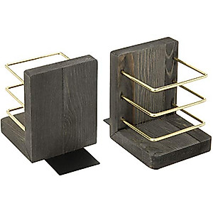 MyGift Vintage Gray Solid Wood Decorative Bookends for Shelves with Brass Metal Wire Pencil Holder Stationary Organizer Slots, 1 Pair
