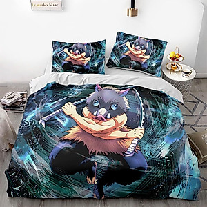 NICHIYOBI Demon Killer Inosuke Beast Breathing Inoko Duvet Cover Set 3D Bedding Comforter Cover 3 Pcs (1 Duvet Cover+2 Pillowcases) Bedding Set (11,Full-80x90in+20x30in*2)