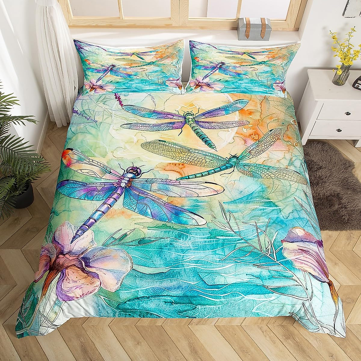 Feelyou Girls Dragonfly Bedding Set Floral Dragonfly Duvet Cover for Kids Boys Girls Ornamental Dragonfly Comforter Cover Botanical Bed Set 1 Duvet Cover with 2 Pillowcases Queen Size (No Comforter)