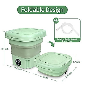 Portable Washing Machine,8L Mini Folding Bucket Washer with Drainage Pipe & 4 Clothes Clips for Socks Underwear Baby Clothes,Suitable for Apartment Camping RV Travel laundry (110V-240V) (Green)