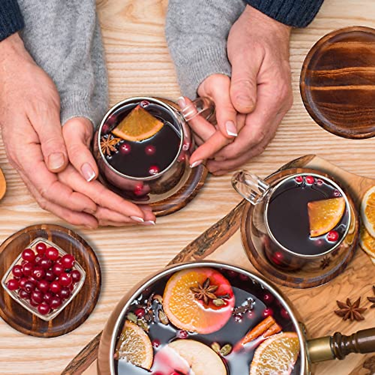 Coasters for Drinks, Set of 5 Natural Pine Wood Style Drink Coaster with Holder for Coffee Wooden Table, Mandala Coasters with Non-Slip Mat, Tabletop Protection, Suitable for Kinds of Cups